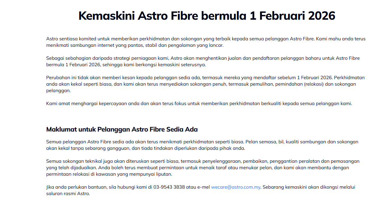Astro will stop taking new customers and registrations for Astro Fibre ...